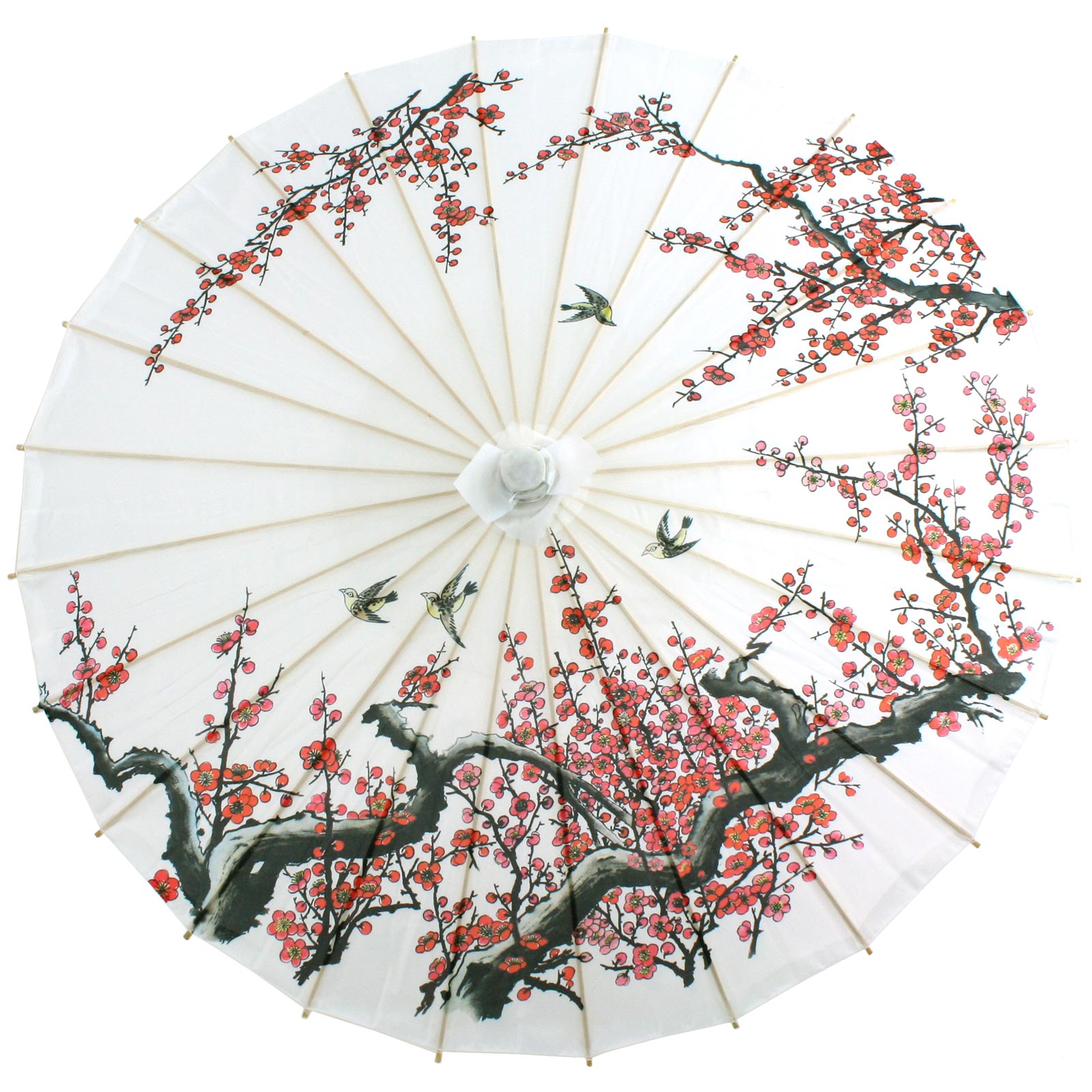 Premium Chinese Nylon Silk Bamboo Parasol - White Cherry Blossom with ...