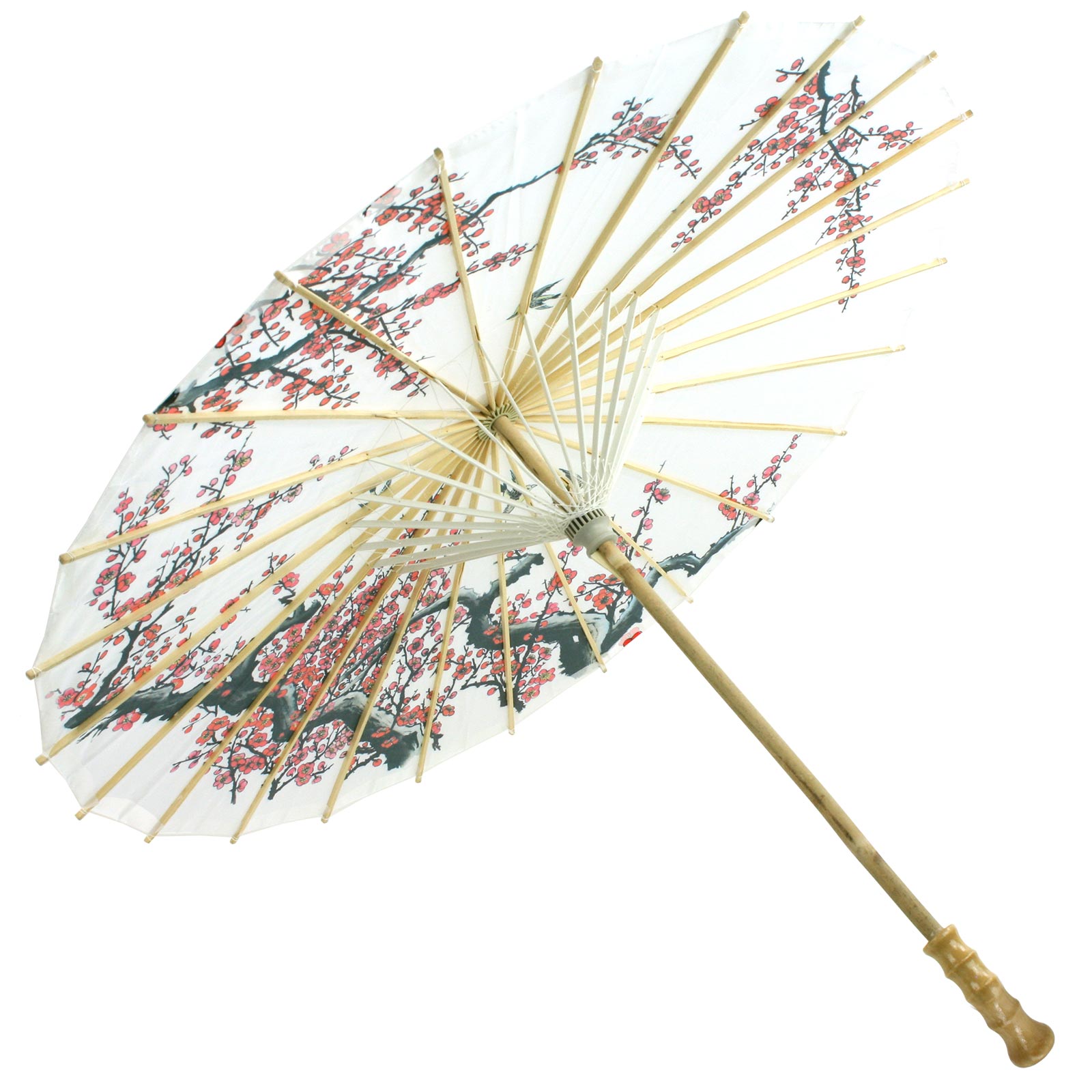 Premium Chinese Nylon Silk Bamboo Parasol - White Cherry Blossom with ...