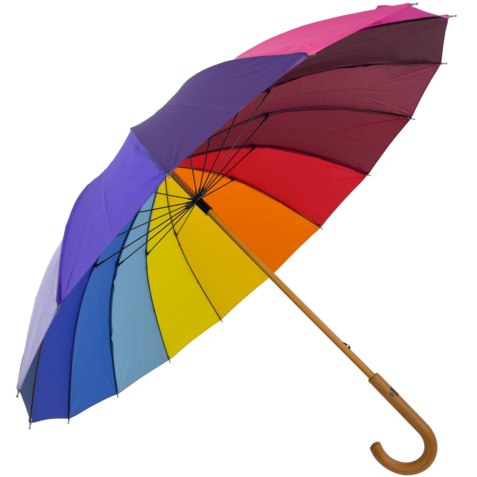 Rainbow Colours 16 Rib Umbrella with Wooden Crook | Brolliesgalore